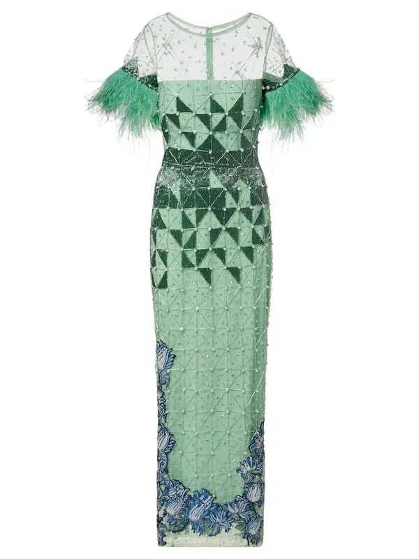 LA FUORI Embellished Feather-trimmed Gown - Green