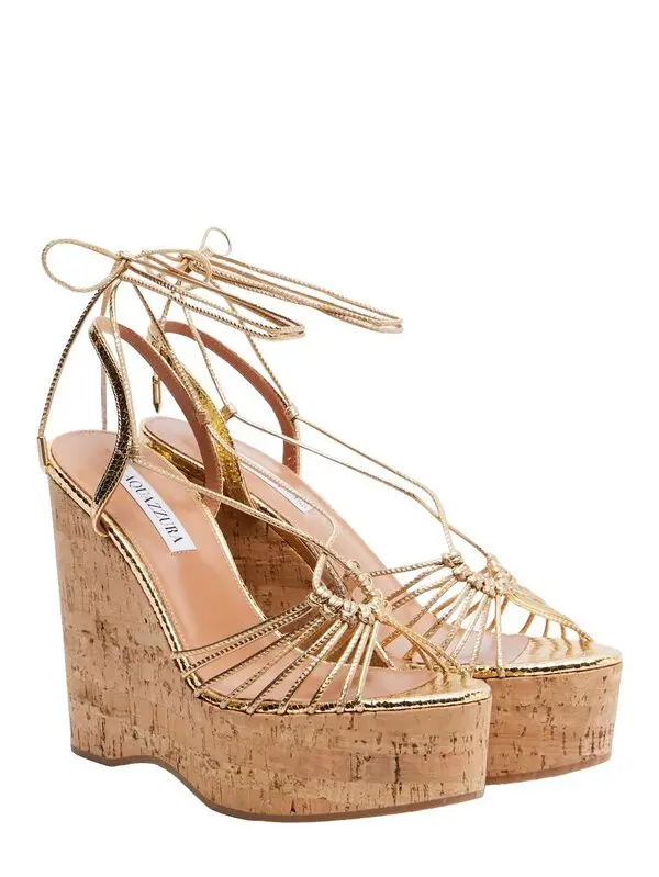 AQUAZZURA Ritmo Metallic Leather Wedge Sandals - Gold
