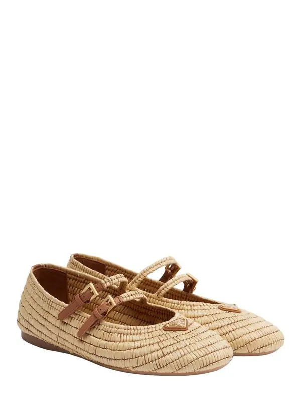 Prada Crochet Leather-trimmed Mary Jane Flats - Beige