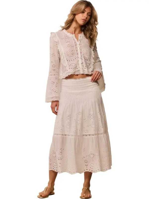 LoveShackFancy Mallow Cotton Eyelet Midi Skirt - White