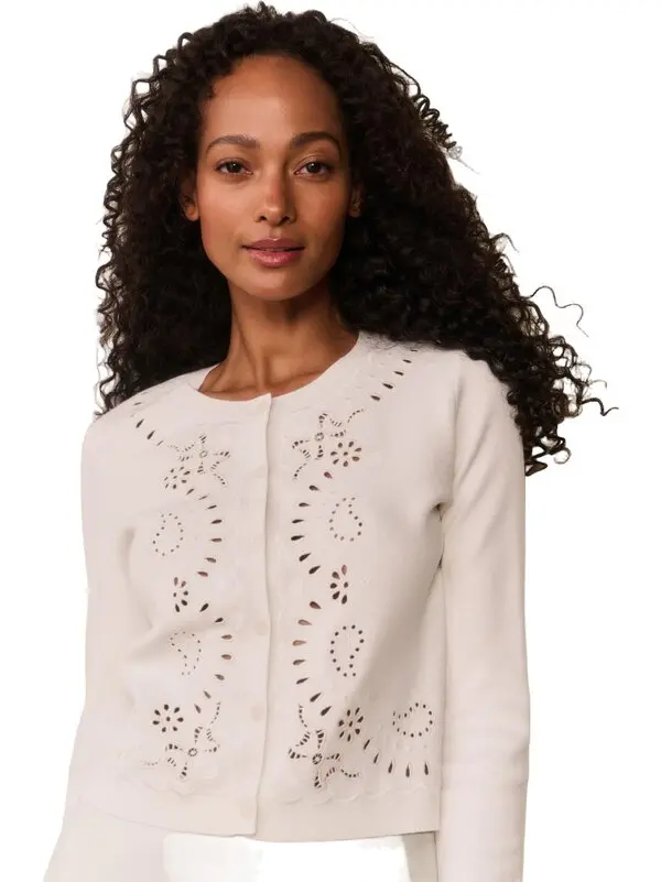 LoveShackFancy Leda Eyelet Knit Cardigan - White Vanilla