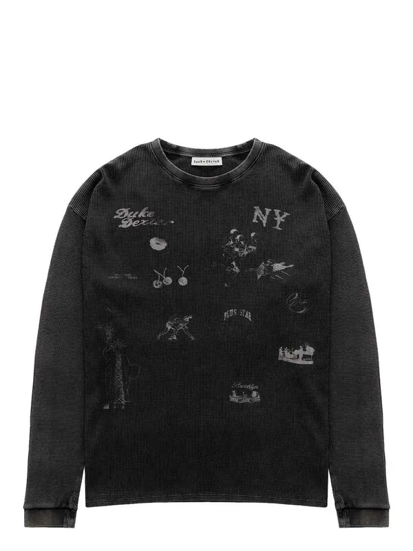DUKE + DEXTER Washed Grey Waffle Knit "notes From New York" Top - Ny Sketch