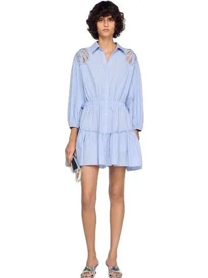 Sandro Striped Cotton Midi Dress With Rhinestone Shell Embellishments - Blue