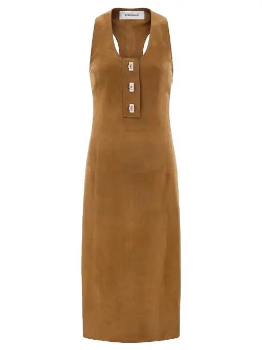 FERRAGAMO Racer Back Nubuck Dress With Gancio Buckle Detail - Neutral