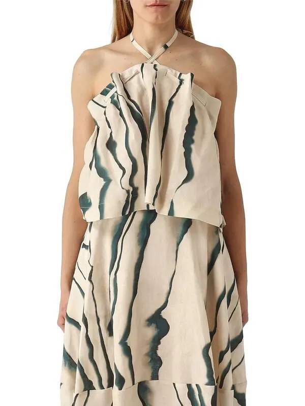 Liviana Conti Printed Linen Halter Neck Cropped Top - Beige
