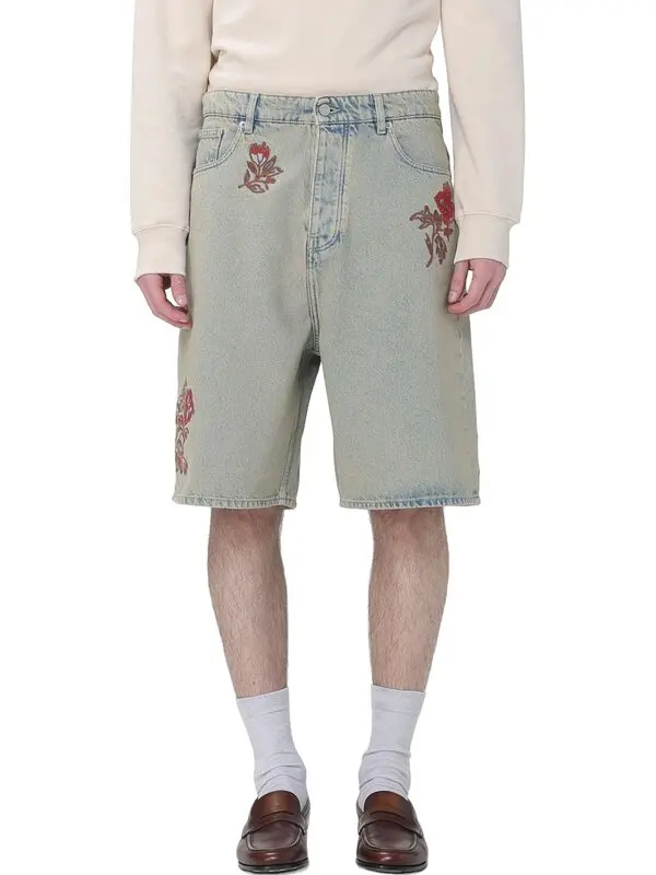 Drole De Monsieur Embroidered Cotton Denim Bermuda Shorts - Beige