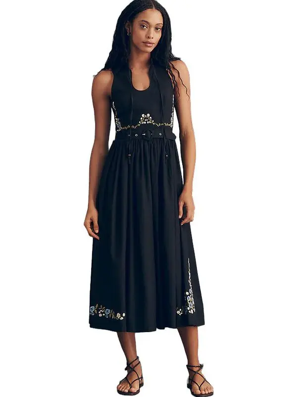 Avec Les Filles Tie-neck Cinched Midi Dress - Black