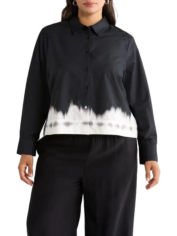 Halogen Stripe Crop Cotton Poplin Button-up Shirt - Rich Black