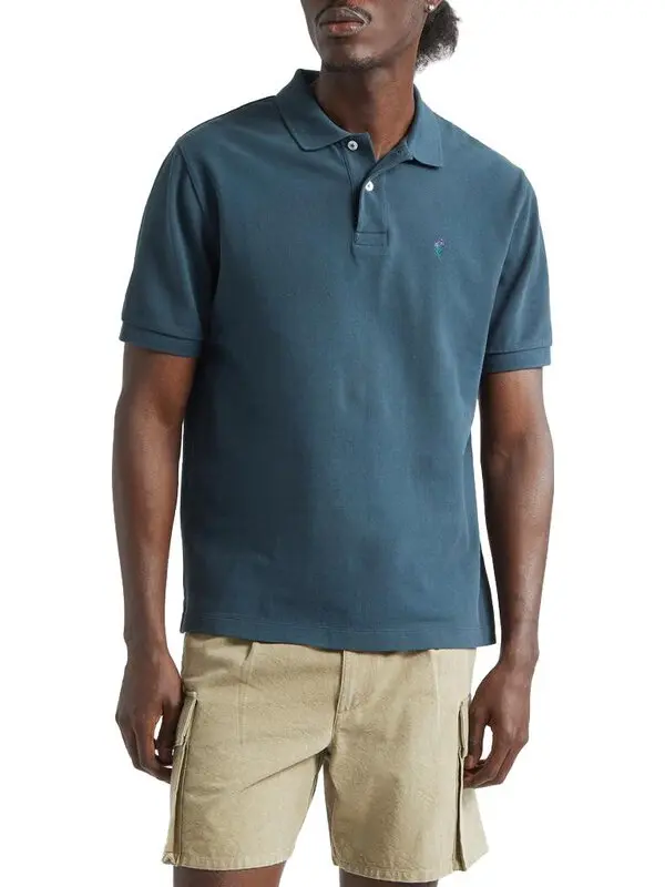 NOAH Embroidered Iris Cotton Piqué Polo - Emerald