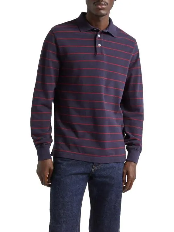 NOAH Stripe Long Sleeve Cotton Piqué Polo - Navy/red