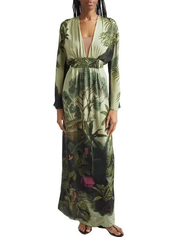 Johanna Ortiz Rodeo Rhythms Long Sleeve Silk Maxi Dress - Green