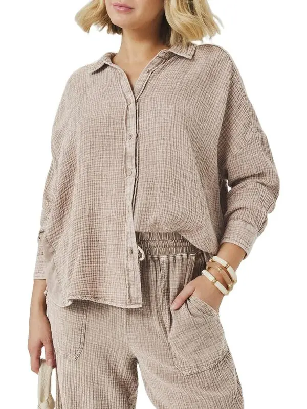 Splendid Ava Cotton Gauze Button-up Shirt - Light Wicker Brown