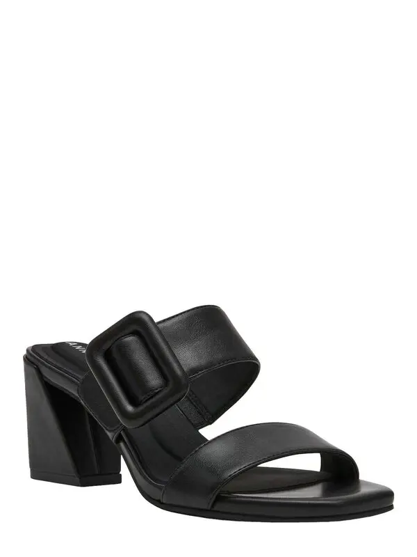 Anne Klein Buckle Strap Block Heel Sandals - Black Smooth