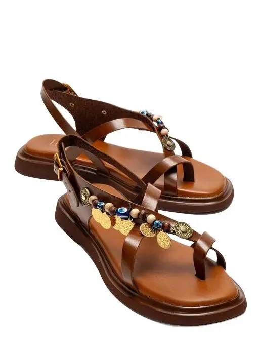 FOREVER & ALWAYS SHOES Hush Beaded Leather Sandal - Cognac