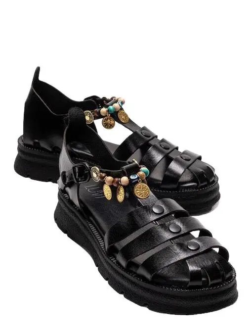 FOREVER & ALWAYS SHOES Solis Leather Beaded Sandal - Black