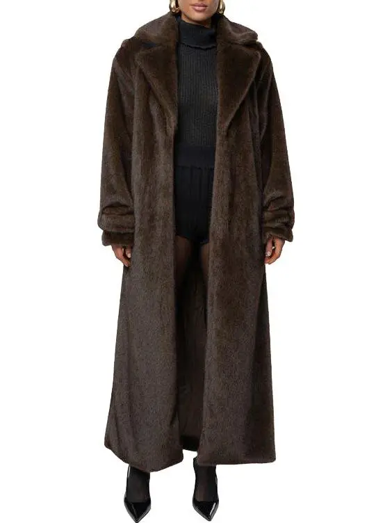 JLUXLABEL Uptown Belted Faux Fur Longline Coat - Brown