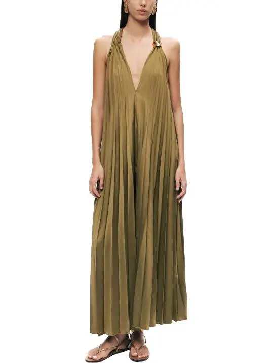 NOCTURNE Pleated Halter Maxi Dress - Khaki