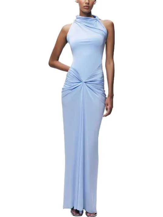 NOCTURNE Draped Halter Neck Ruched Maxi Dress - Blue