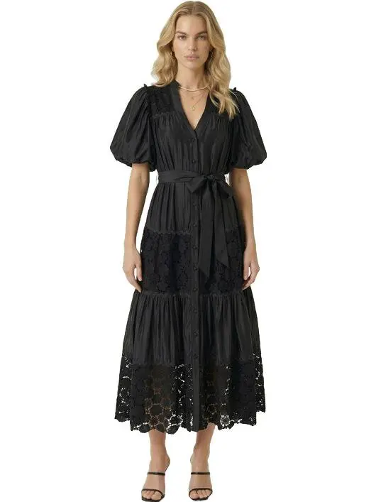 MODENAIRE V-neck Lace Paneling Midi Dress - Black