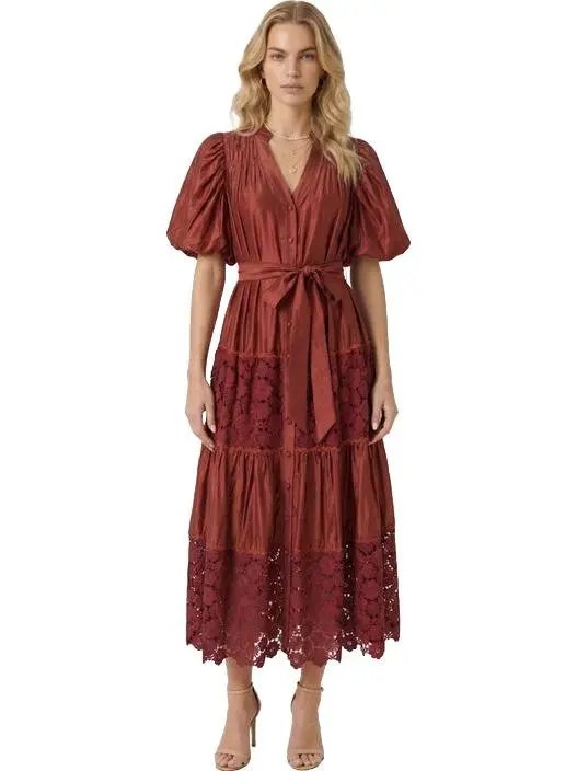 MODENAIRE V-neck Lace Paneling Midi Dress - Red