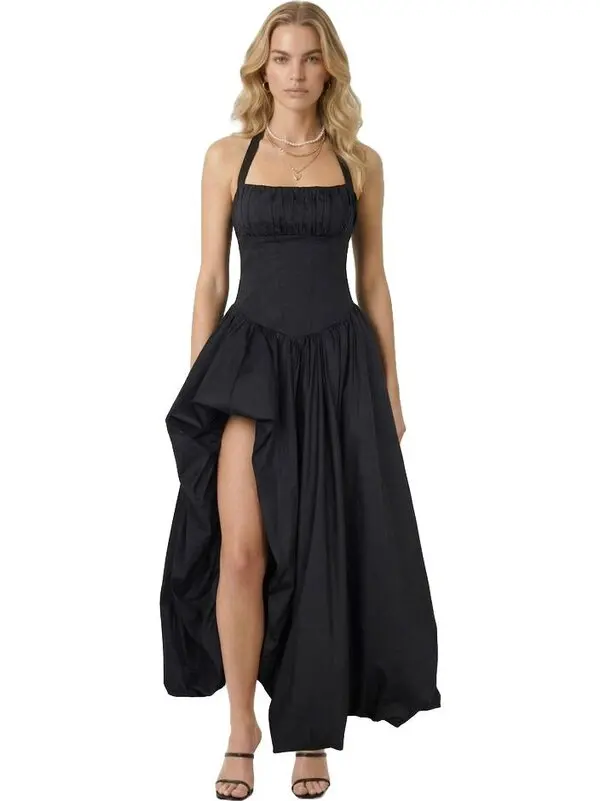 MODENAIRE Halter Neck Corset Maxi Dress - Black