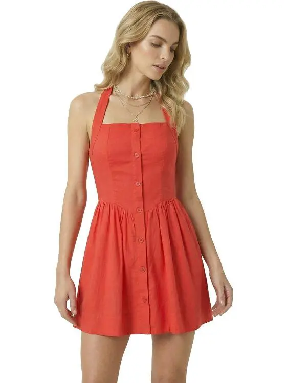 MODENAIRE Halter Mini Dress With Button Front - Coral Red