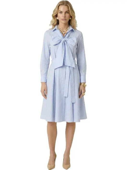 MODENAIRE Striped Tie-neck Belted Shirt Dress - Light Blue/white Stripes