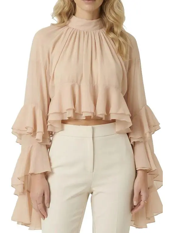 MODENAIRE Sheer Ruffle Sleeve Blouse - Pink
