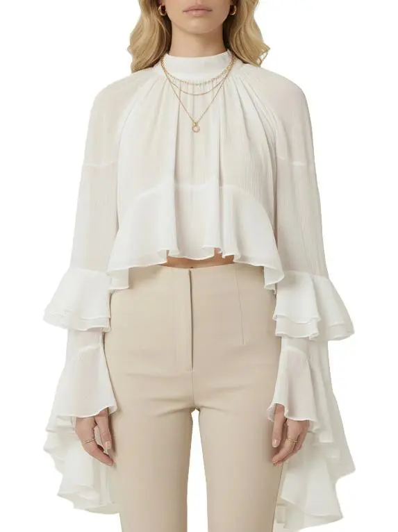 MODENAIRE Sheer Ruffle Sleeve Blouse - White