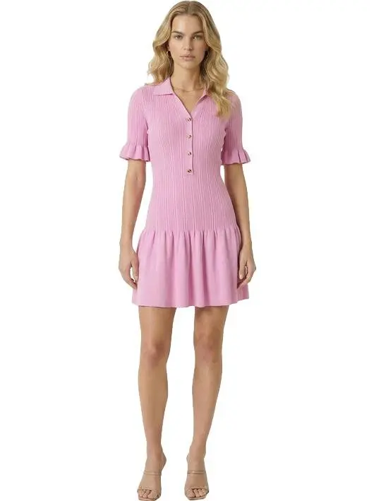 MODENAIRE Pleated Mini Dress With Button Front And Ruffle Hem - Pastel Pink
