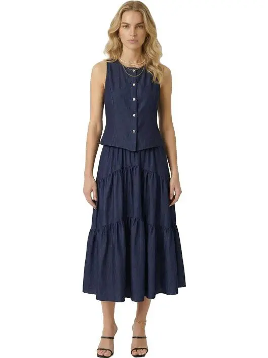 MODENAIRE Sleeveless Structured Top And Tiered Midi Skirt Set - Navy Blue