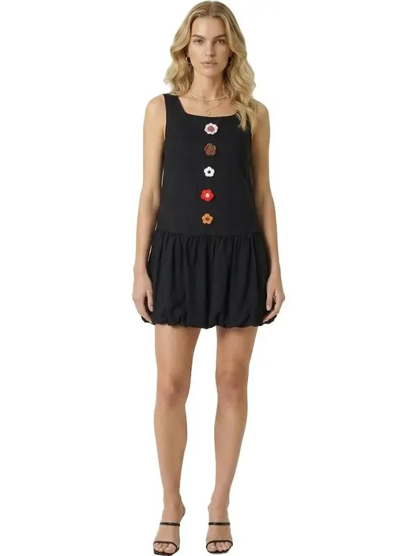 MODENAIRE Sleeveless Floral Applique Mini Dress With Bubble Hem - Black