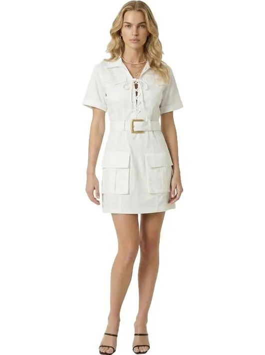 MODENAIRE Utility Mini Dress With Lace-up Front And Belt - White