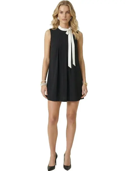 MODENAIRE Sleeveless Shift Dress With Tie Neck And Pleat Detail - Black/white