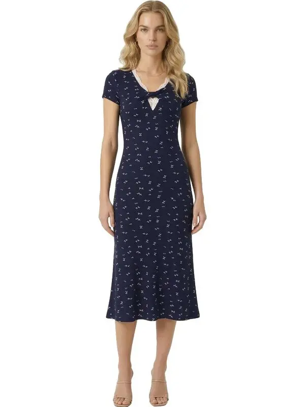 MODENAIRE Floral Twist Front Midi Dress - Navy Blue