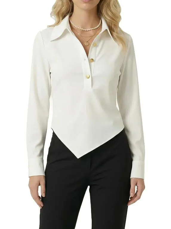 MODENAIRE Collared Button-front Blouse With Asymmetrical Hem - Ivory