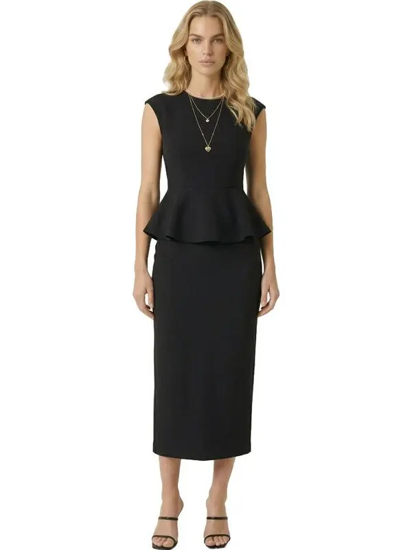 MODENAIRE Sleeveless Peplum Top And Tailored Midi Skirt Set - Black