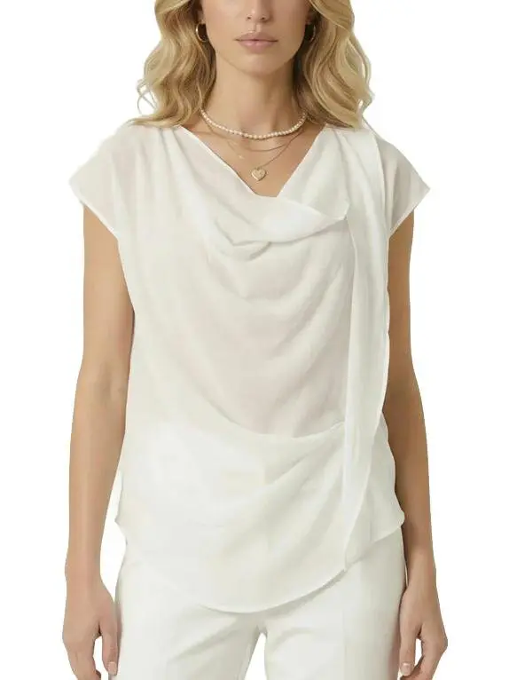 MODENAIRE Draped Cowl Neck Top With Asymmetrical Overlay - Ivory