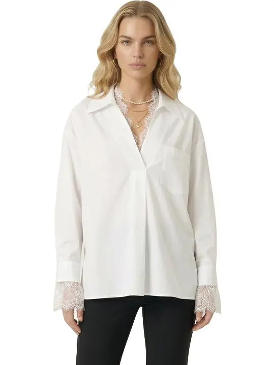 MODENAIRE Lace Trim Collared Blouse - White