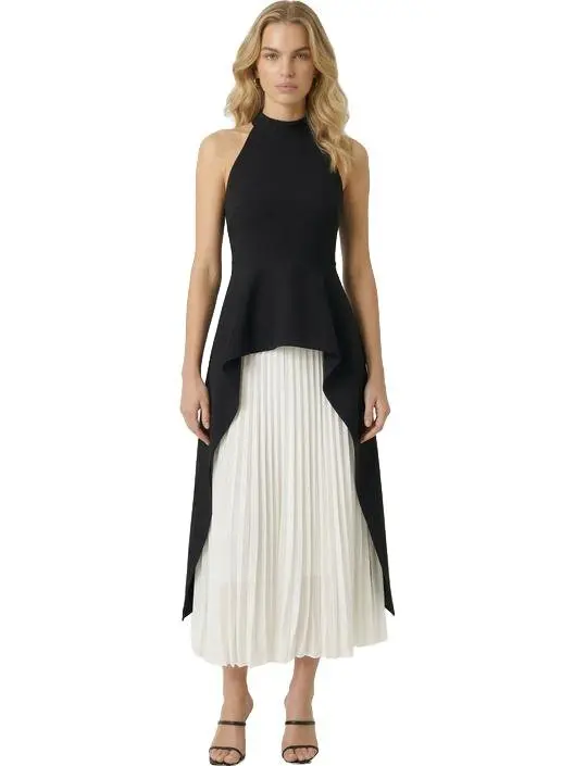 MODENAIRE Halter Neck Asymmetric Layered Midi Dress - Black/white