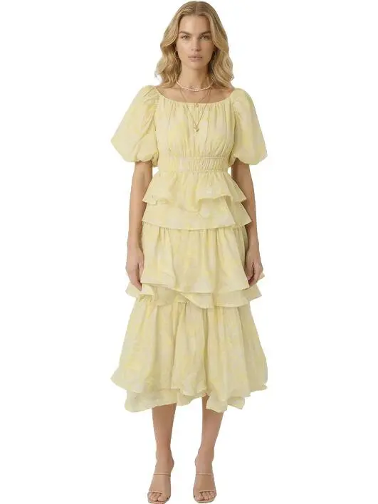 MODENAIRE Puff Sleeve Tiered Ruffle Midi Dress - Pale Yellow