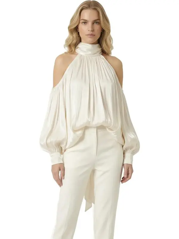MODENAIRE High Neck Cold Shoulder Satin Blouse - Ivory
