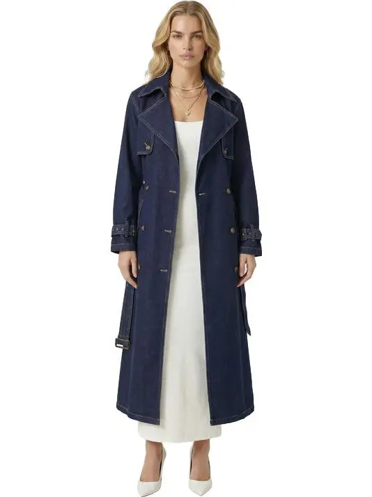 MODENAIRE Denim Trench Coat - Dark Blue