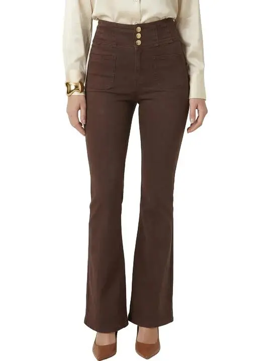 MODENAIRE High-waist Flare Trousers With Button Front - Chocolate Brown