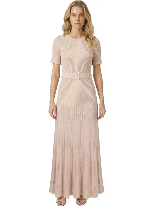 MODENAIRE Ribbed Knit Belted Waist Pleated Midi Dress - Beige