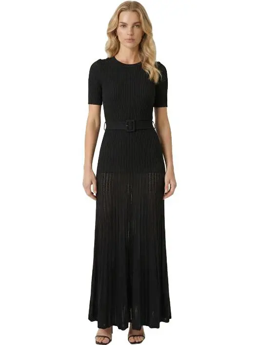 MODENAIRE Ribbed Knit Belted Waist Pleated Midi Dress - Black