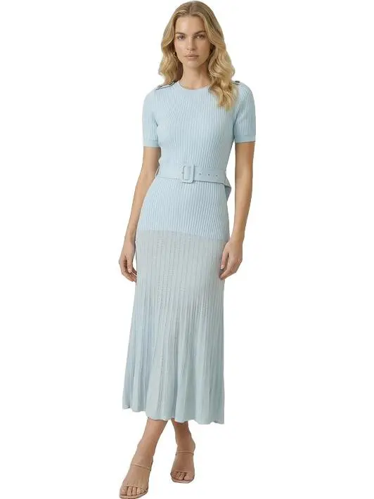 MODENAIRE Ribbed Knit Belted Waist Pleated Midi Dress - Pastel Blue