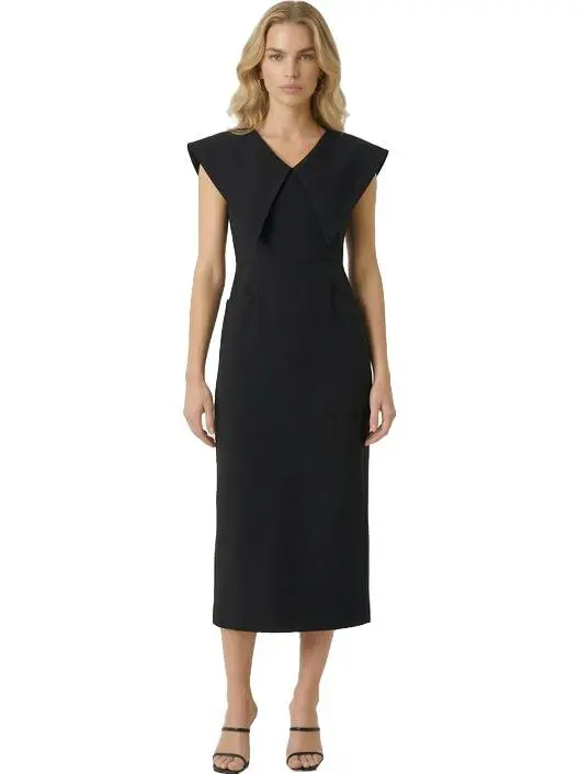 MODENAIRE Wide Collar Midi Sheath Dress - Black