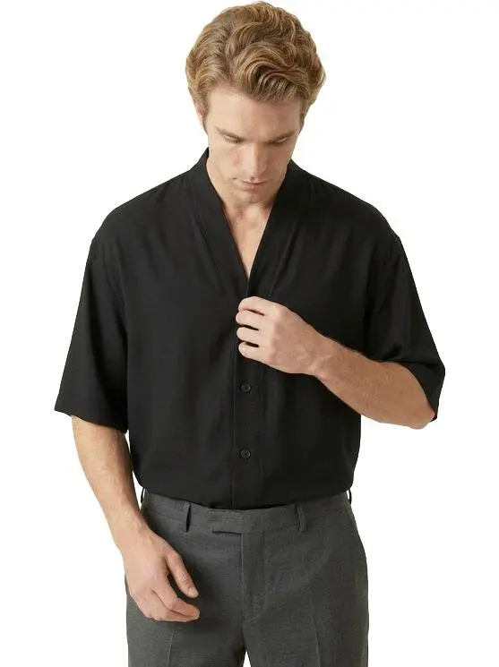 MODENAIRE Band Collar Cotton Shirt - Black