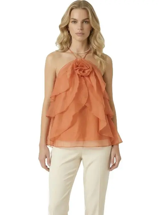 MODENAIRE Halter Ruffle Chiffon Top - Terracotta